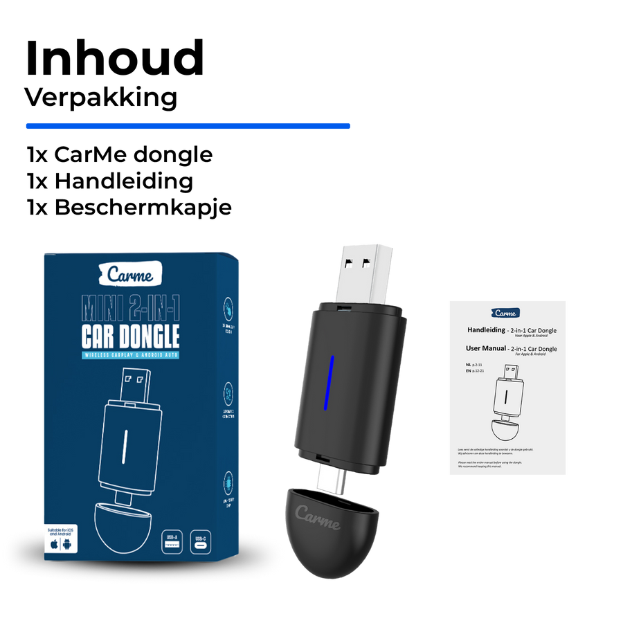 CarMe Mini 2-in-1 CarPlay Dongle Draadloos CarPlay en Android Auto